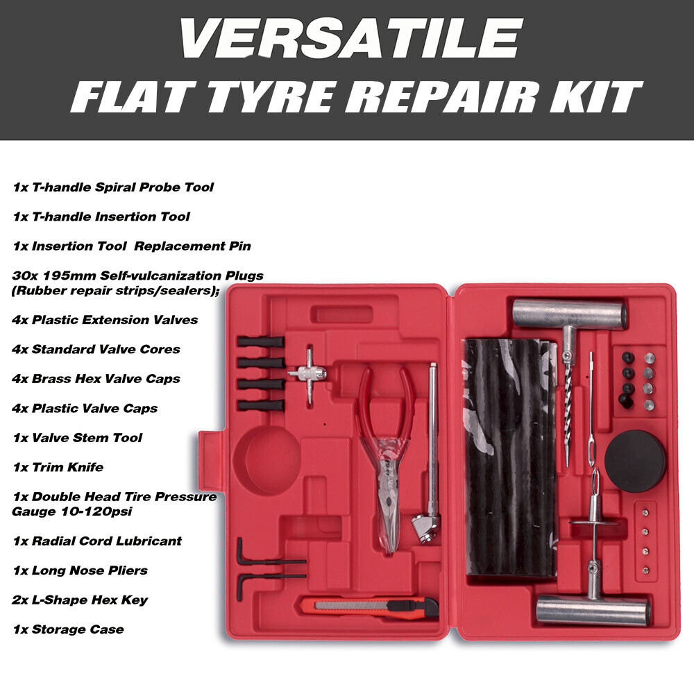 56Pc Tyre Puncture Repair Kit Tube Recovery Plugs Heavy Duty Car 4WD W ...